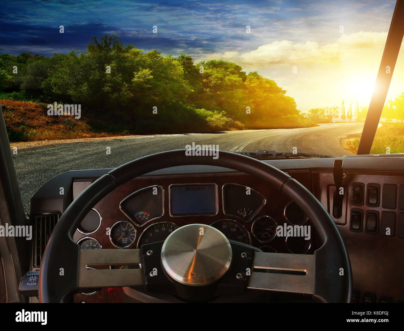 view of the road from the truck cab Stock Photo - Alamy
