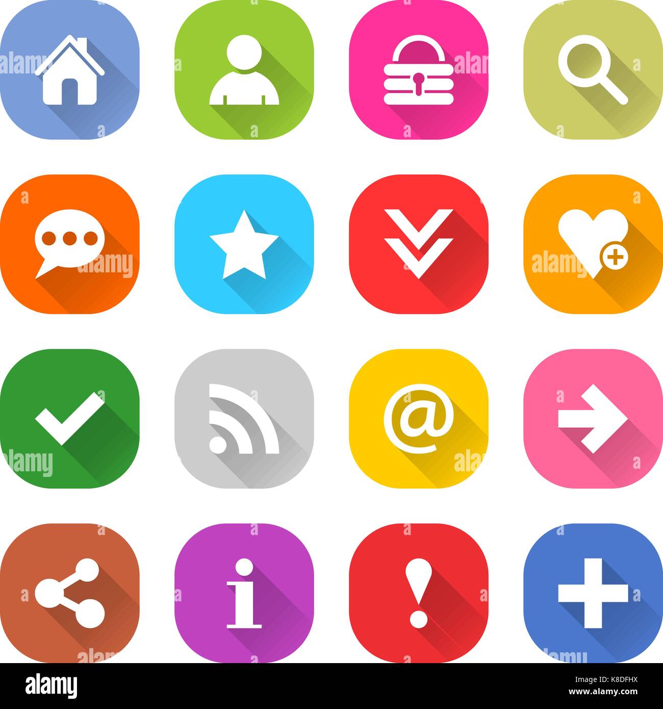 Flat basic icon 16 set rounded square web button on white background ...