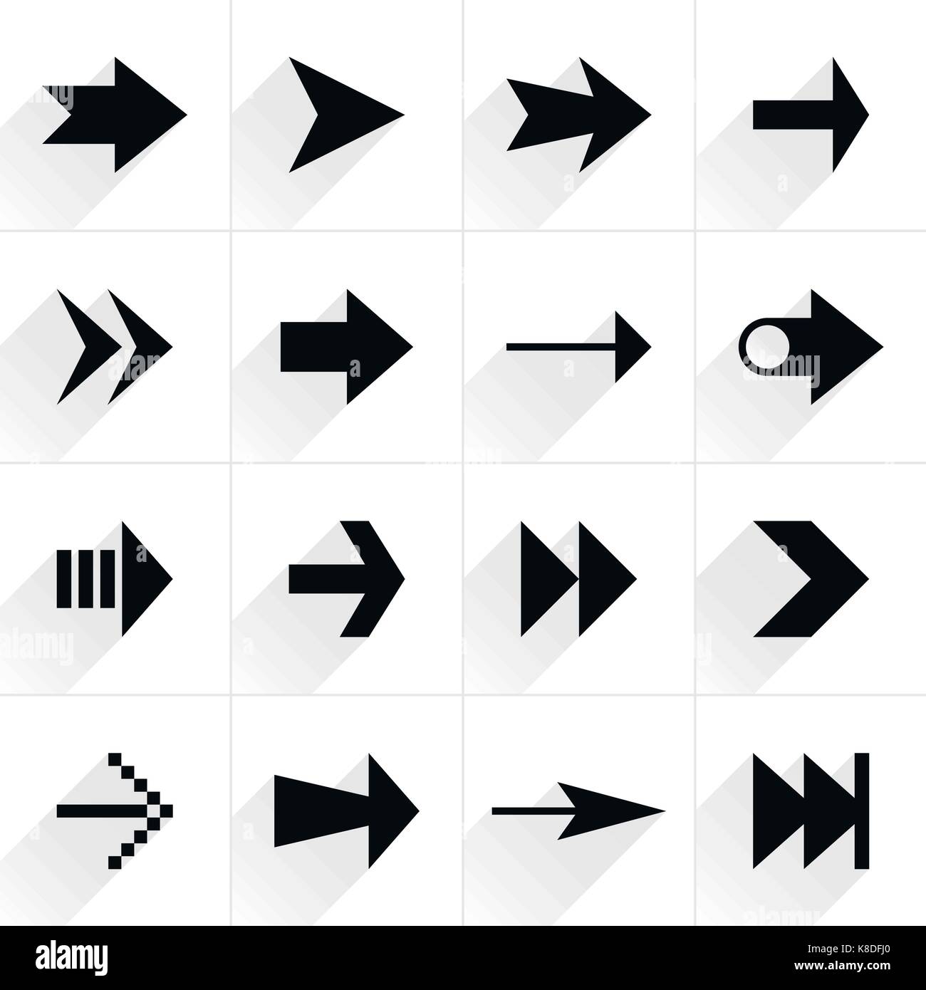 16 arrow flat icon with gray long shadow. Black sign on white ...