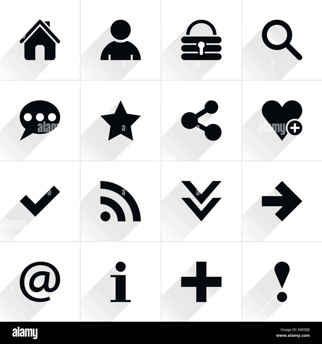 16 basic sign flat icon with gray long shadow. Black sign on white ...