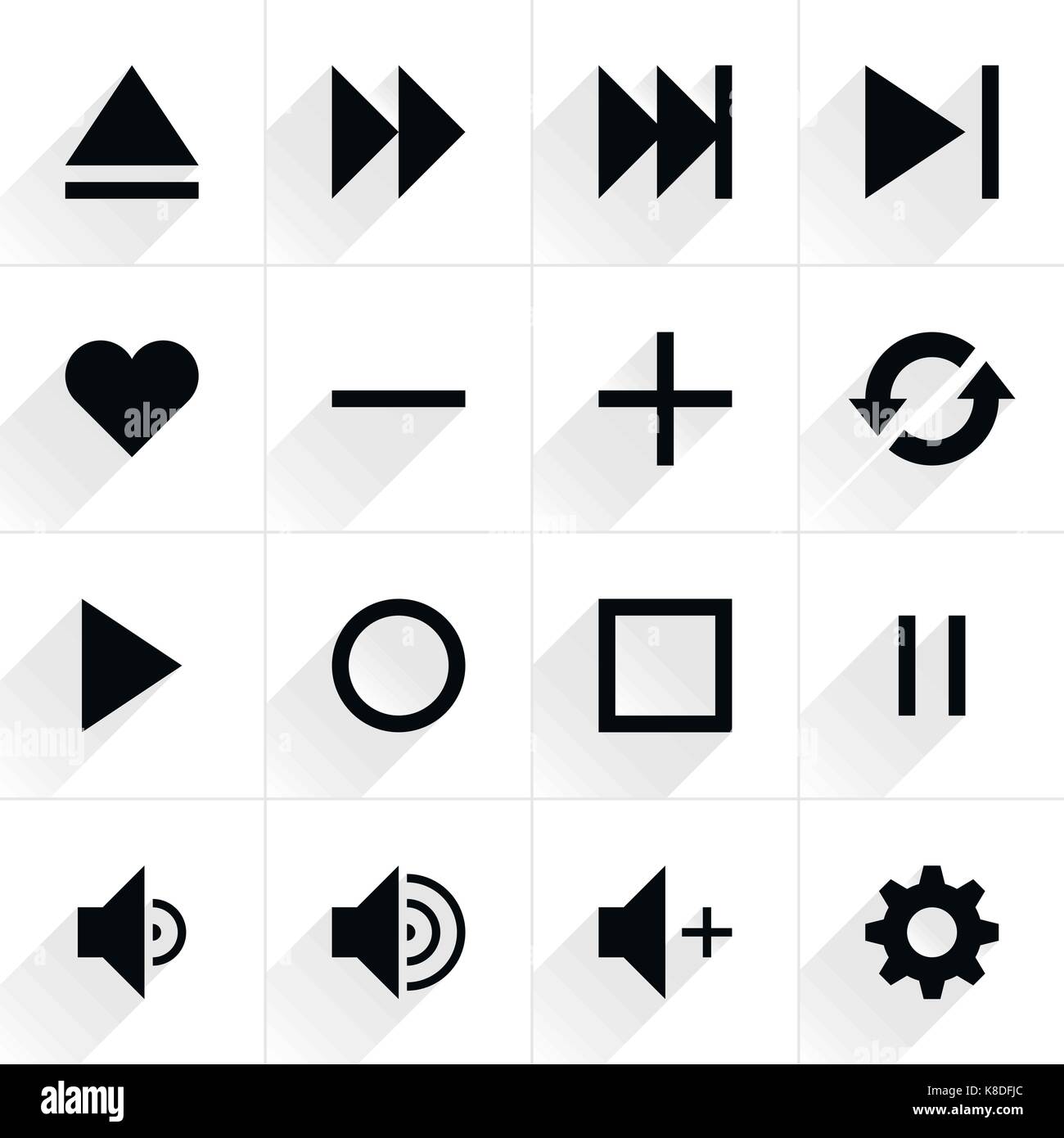 16 media control sign flat icon with gray long shadow. Black sign on ...