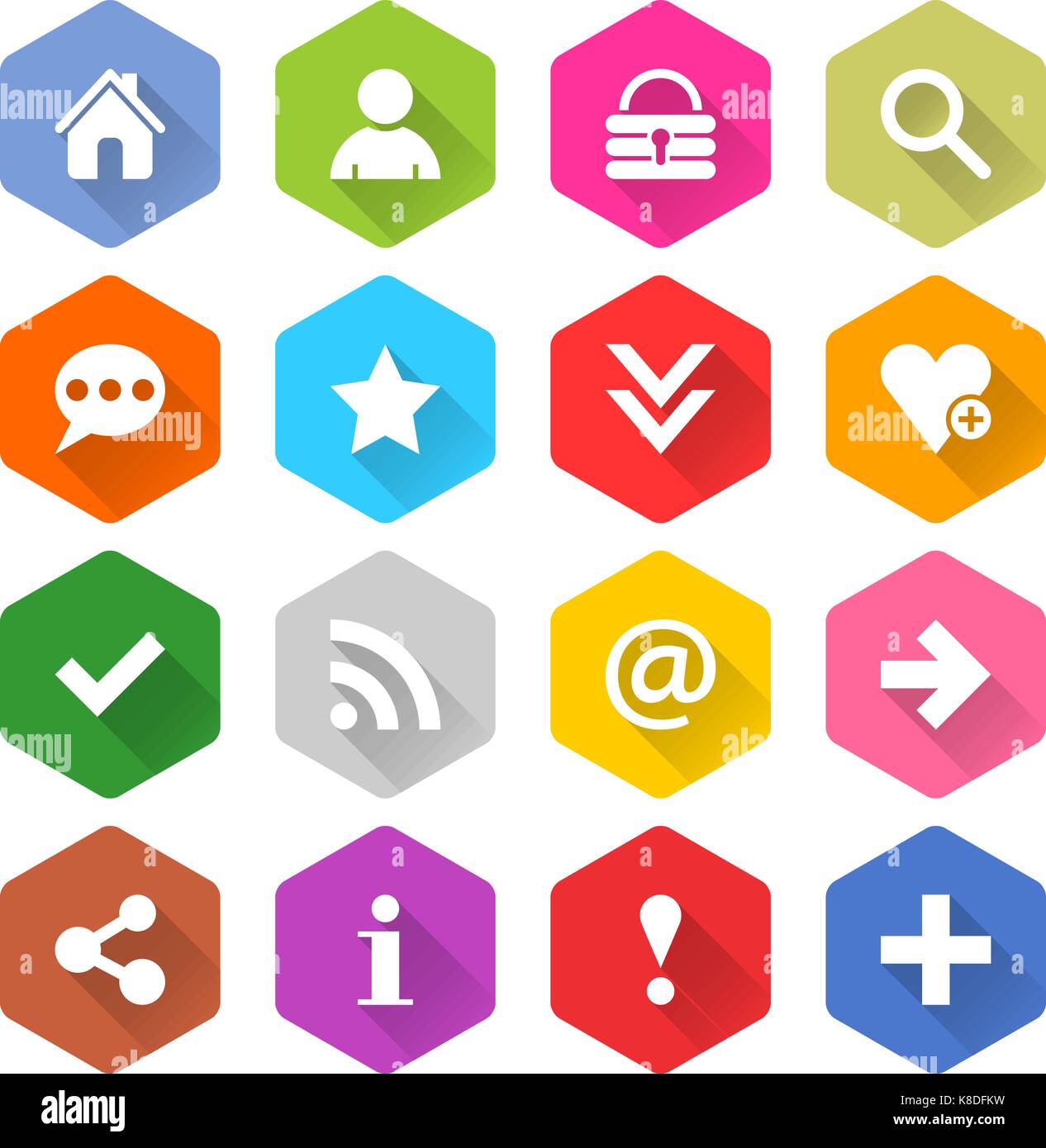 Flat basic icon 16 set rounded hexagon web button on white background ...