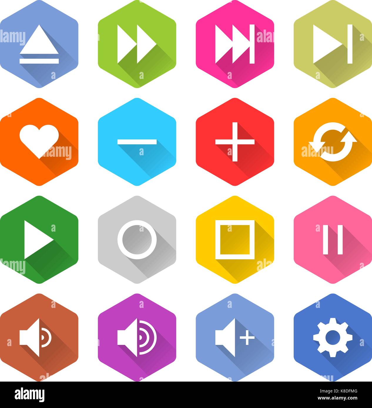 Flat media icon 16 set rounded hexagon web button on white background. Simple minimalistic mono ...