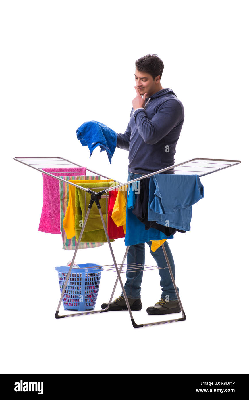 Husband man doing laundry isolated on white Stock Photo - Alamy