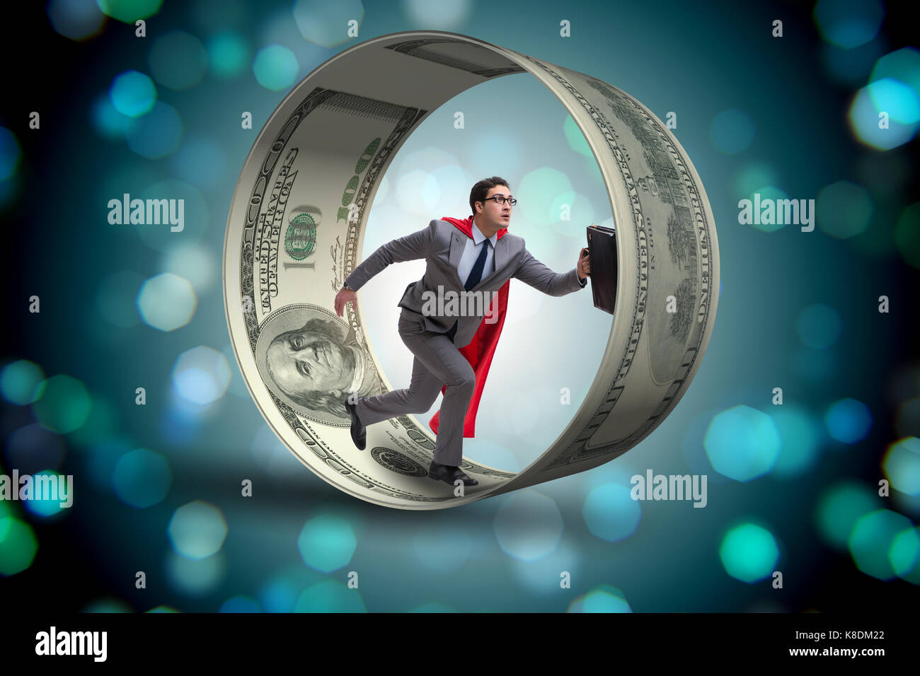 Businessman in hamster wheel chasing dollars Stock Photo - Alamy