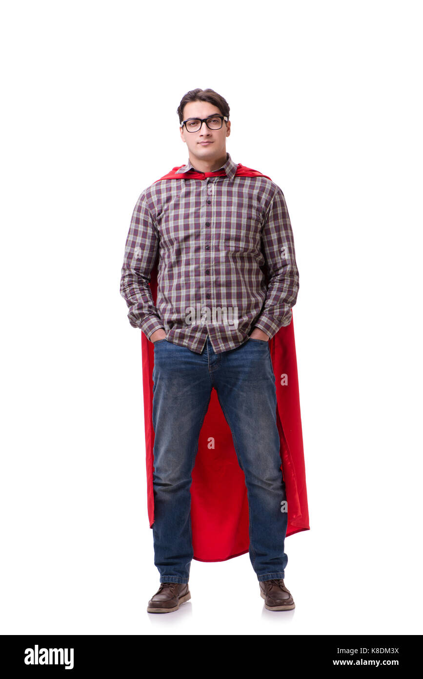 Super hero wearing red cloak on white Stock Photo - Alamy