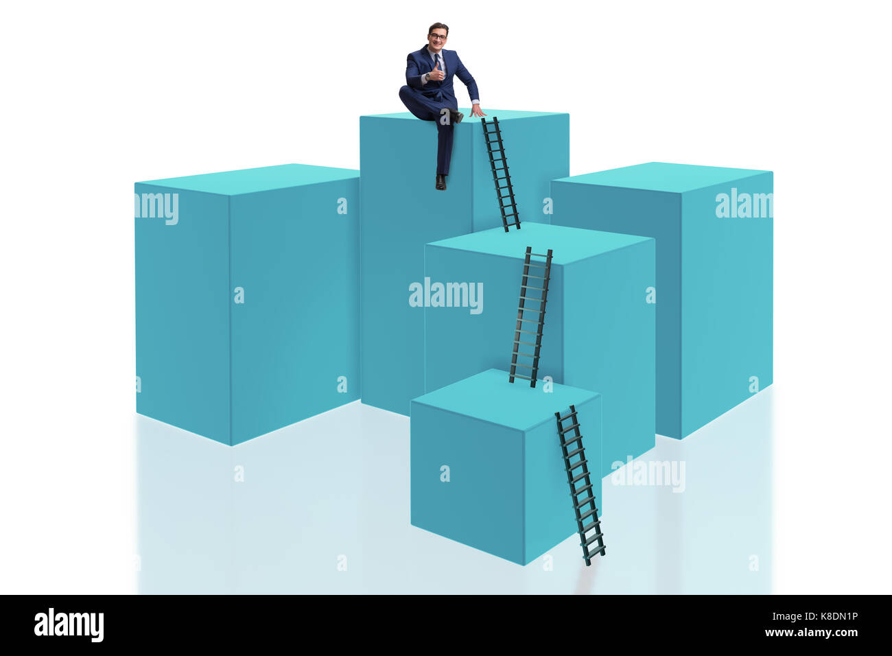 Businessman on top of block isolated on white Stock Photo - Alamy