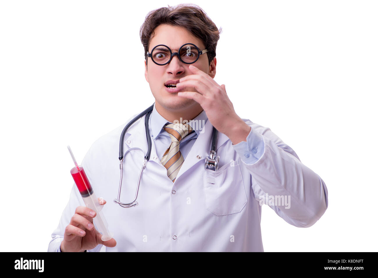 Funny doctor with syringe isolated on white Stock Photo - Alamy