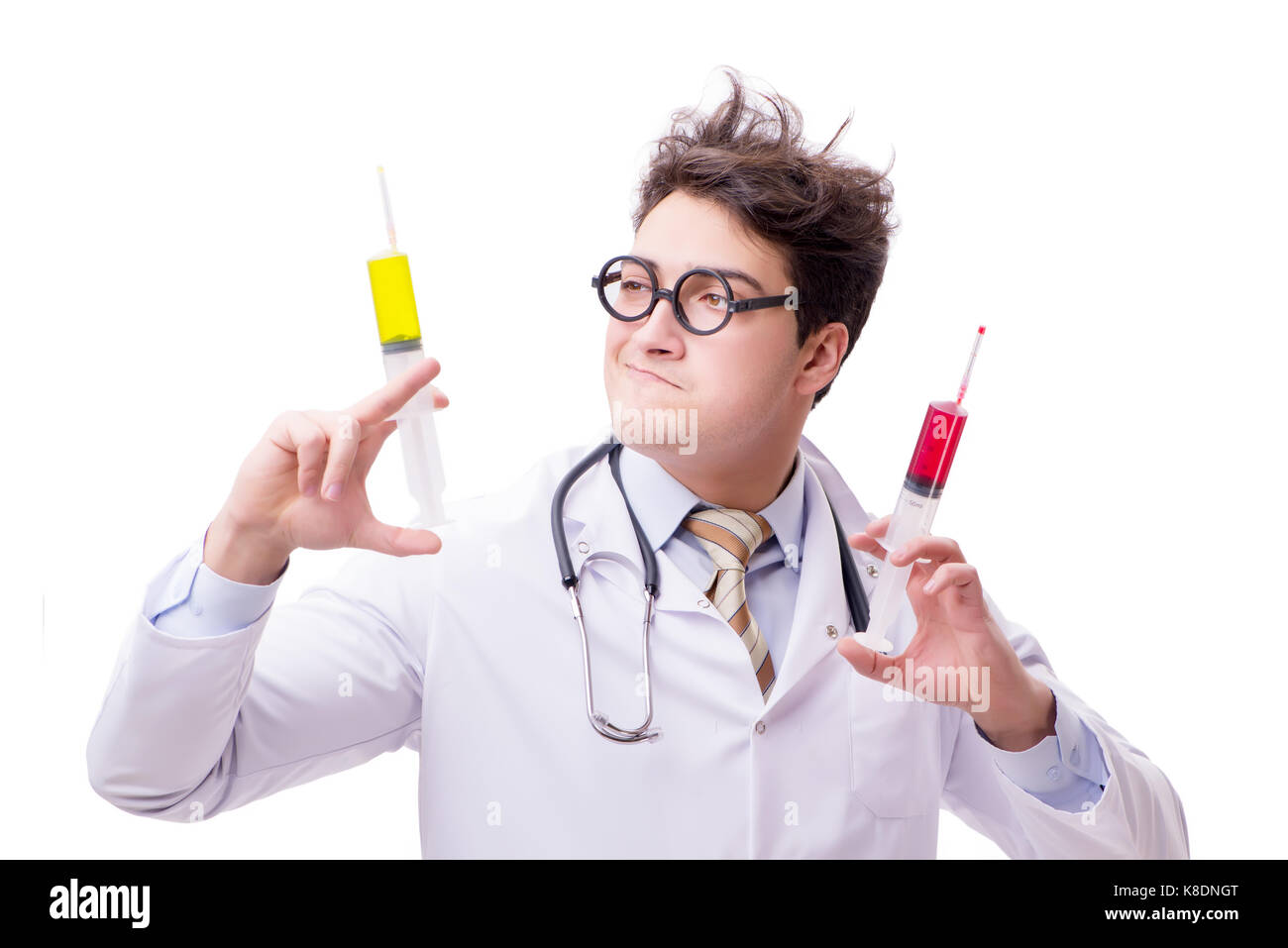 Funny doctor with syringe isolated on white Stock Photo - Alamy
