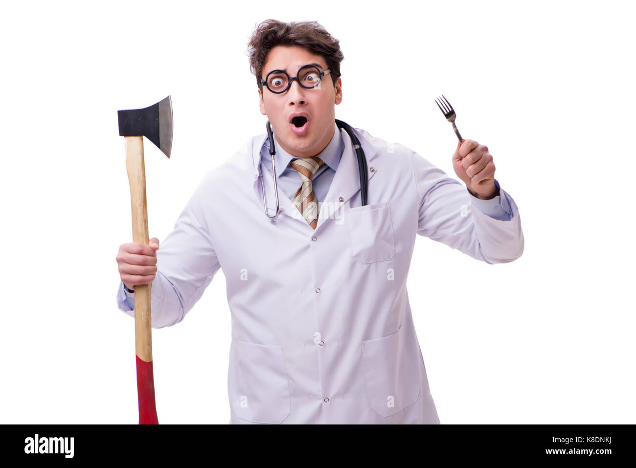 Funny doctor with axe isolated on white Stock Photo - Alamy
