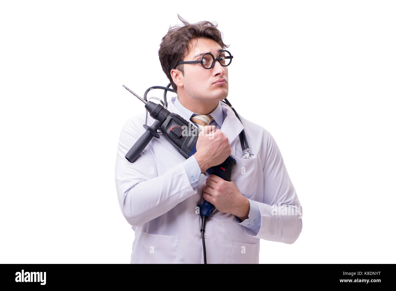 Funny doctor with drill isolated on white Stock Photo - Alamy