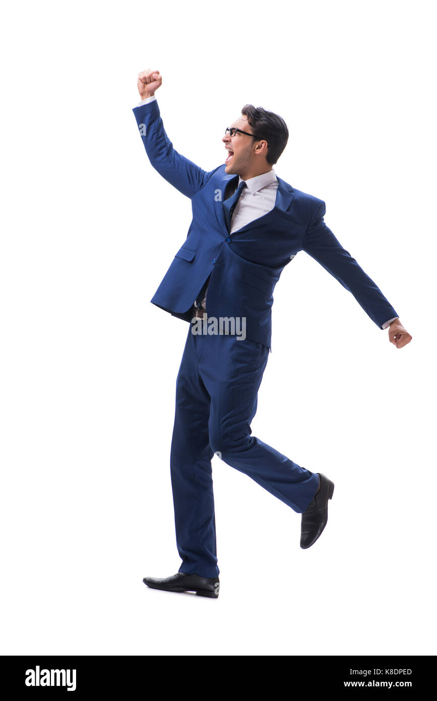 Businessman walking standing side view isolated on white background ...