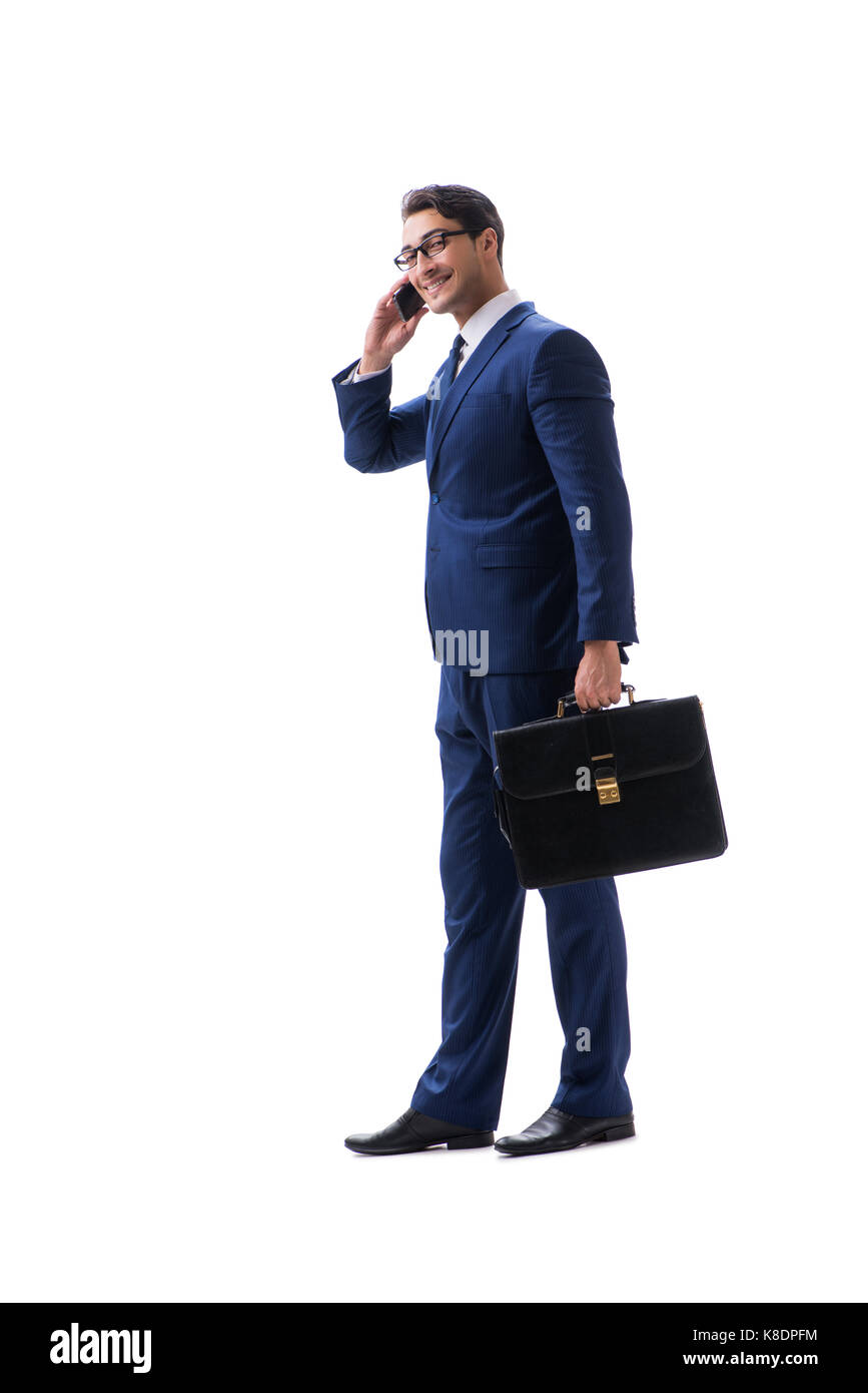 Businessman walking standing side view isolated on white background ...