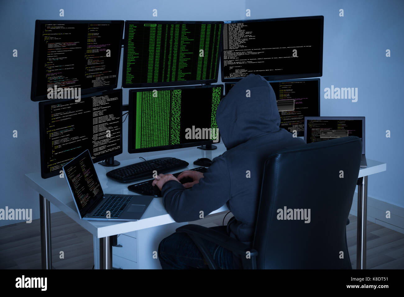 Rear view of hacker using computers to steal data in office Stock Photo ...