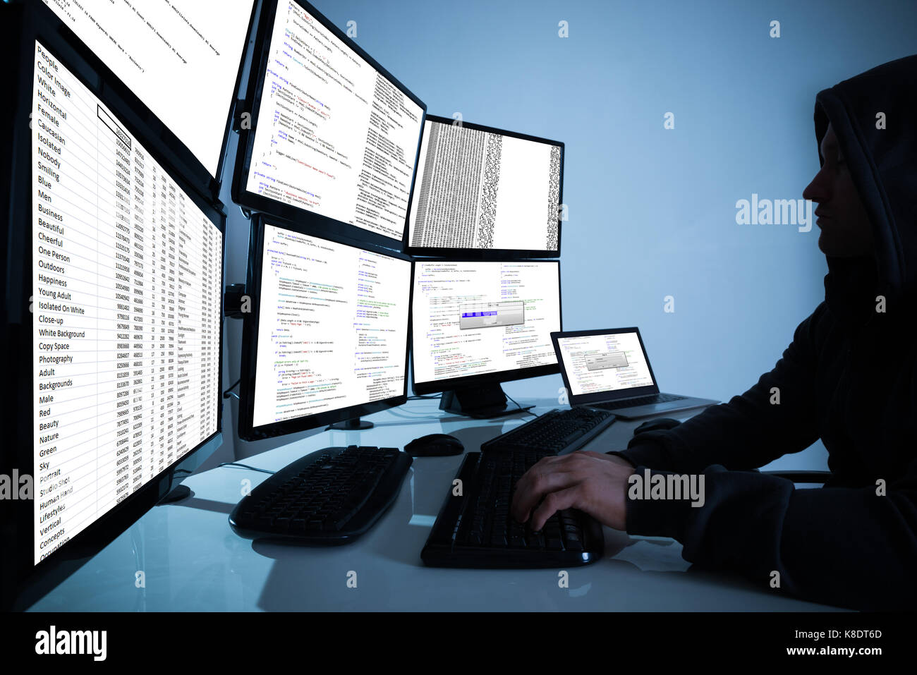 Side view of hacker using computers to steal data in office Stock Photo ...