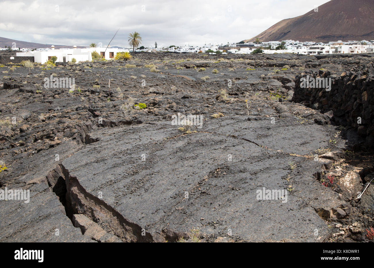 Solidified pahoehoe or ropey lava field, Tahiche village, Lanzarote ...