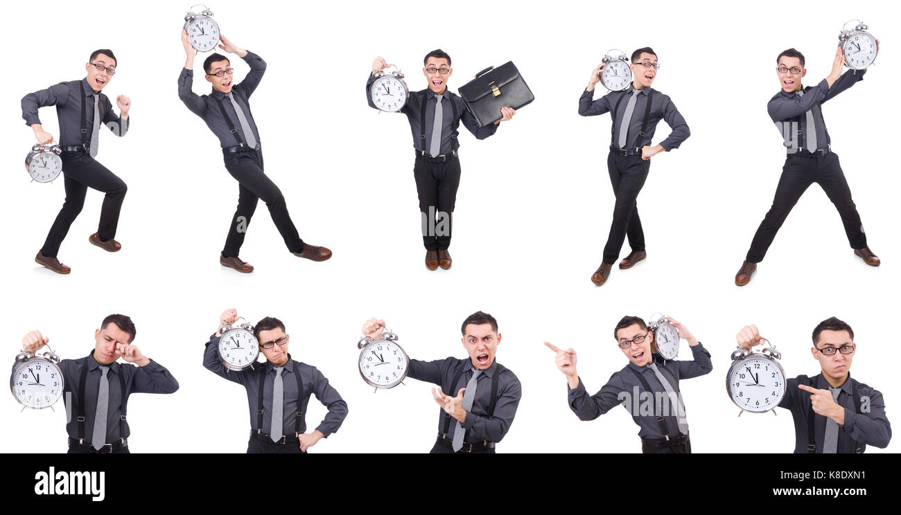 Funny businessman with clock isolated on white Stock Photo - Alamy