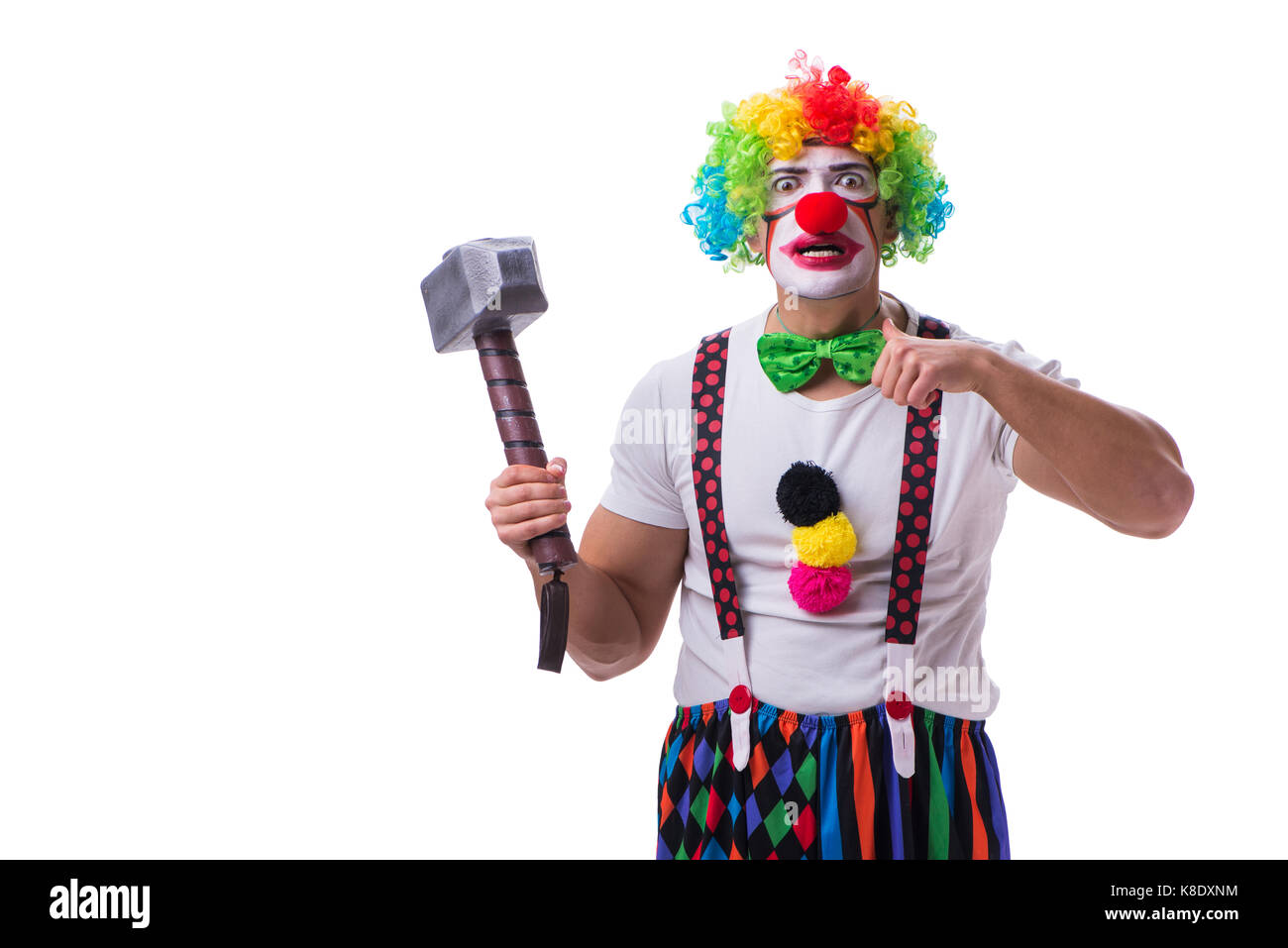 Funny clown with a hammer isolated on white background Stock Photo - Alamy