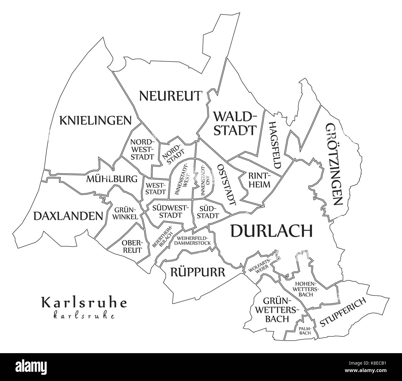 Modern City Map - Karlsruhe city of Germany with boroughs and titles DE outline map Stock Vector ...
