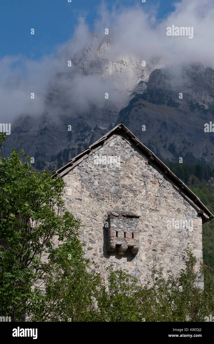 Traditional farmhouse in the Albanian Alps near Thethi, on the western ...