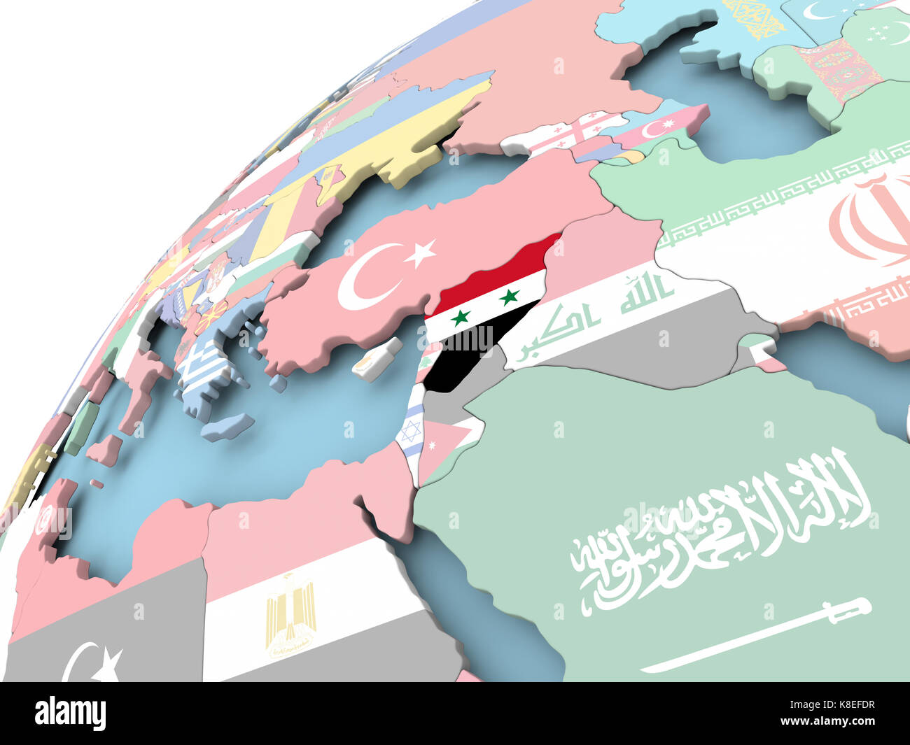 Map of Syria on political globe with embedded flag. 3D illustration ...