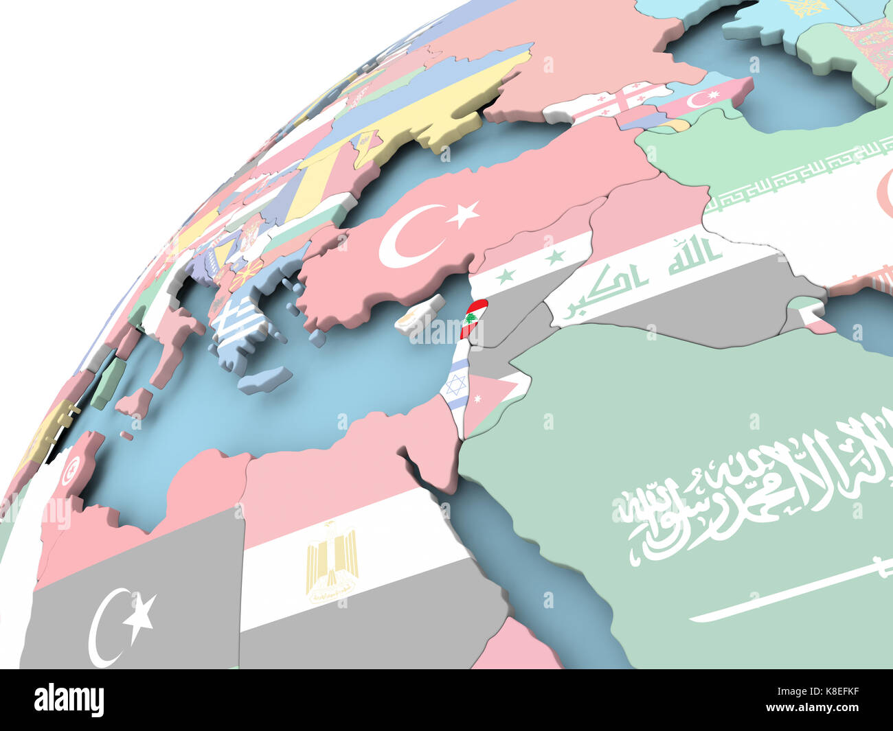 Map of Lebanon on political globe with embedded flag. 3D illustration ...