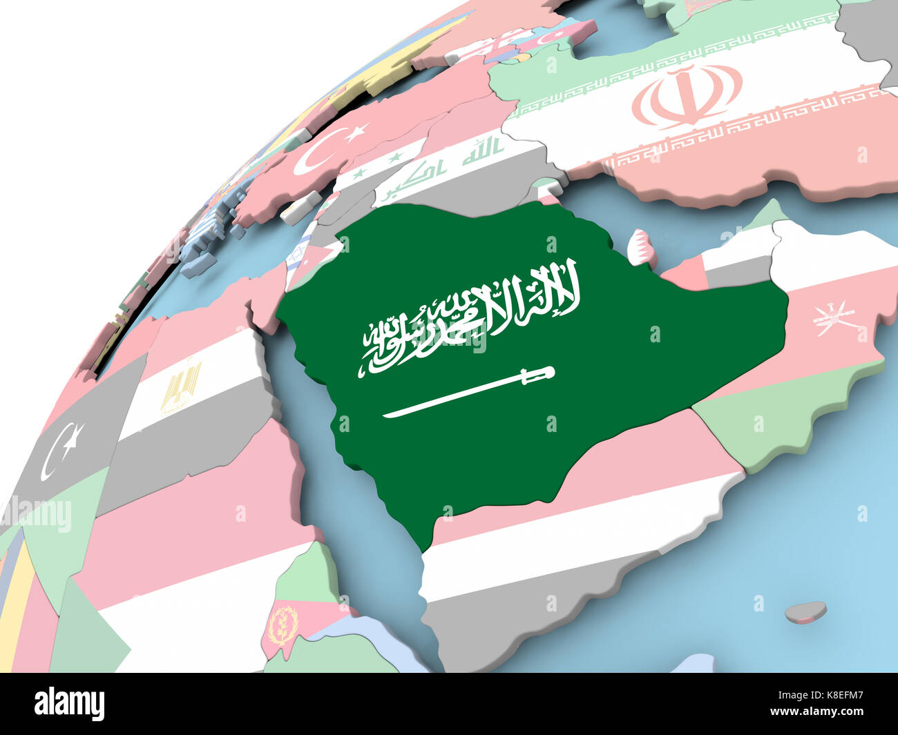 Map of Saudi Arabia on political globe with embedded flag. 3D ...