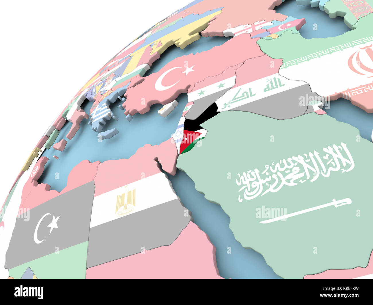 Map of Jordan on political globe with embedded flag. 3D illustration ...