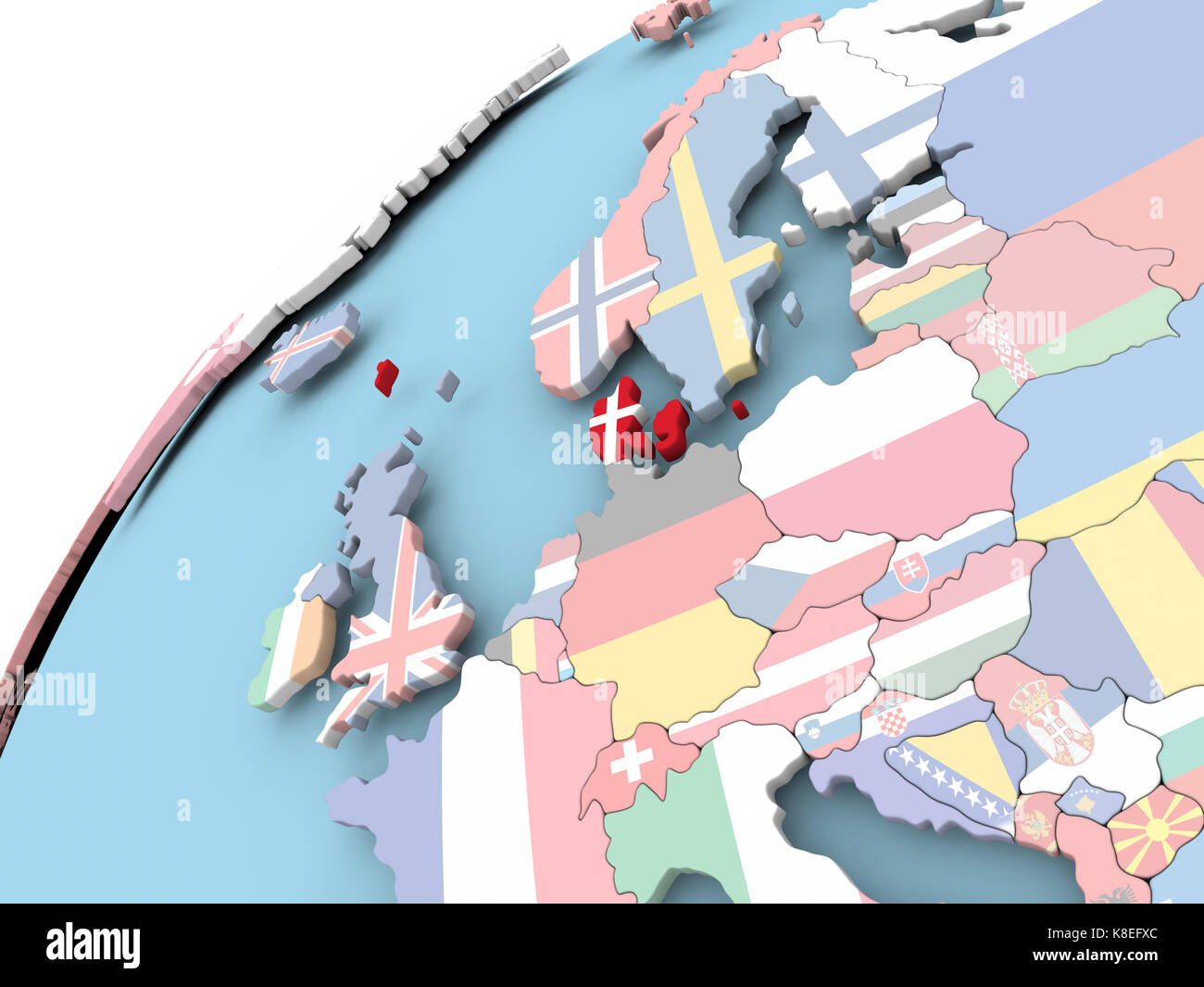Map of Denmark on political globe with embedded flag. 3D illustration ...