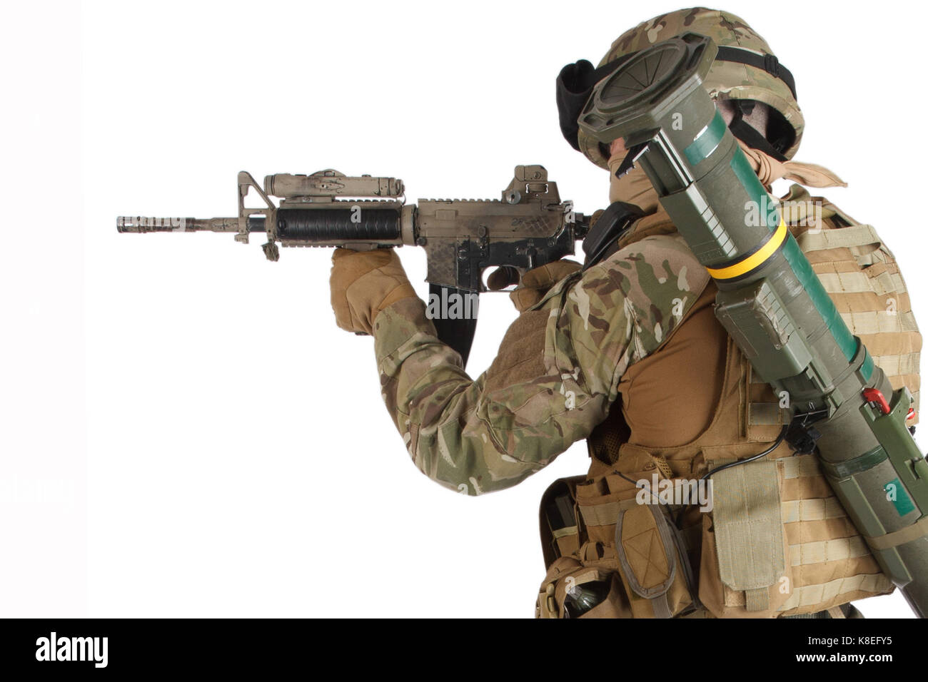 soldier with assault rifle on white background Stock Photo - Alamy
