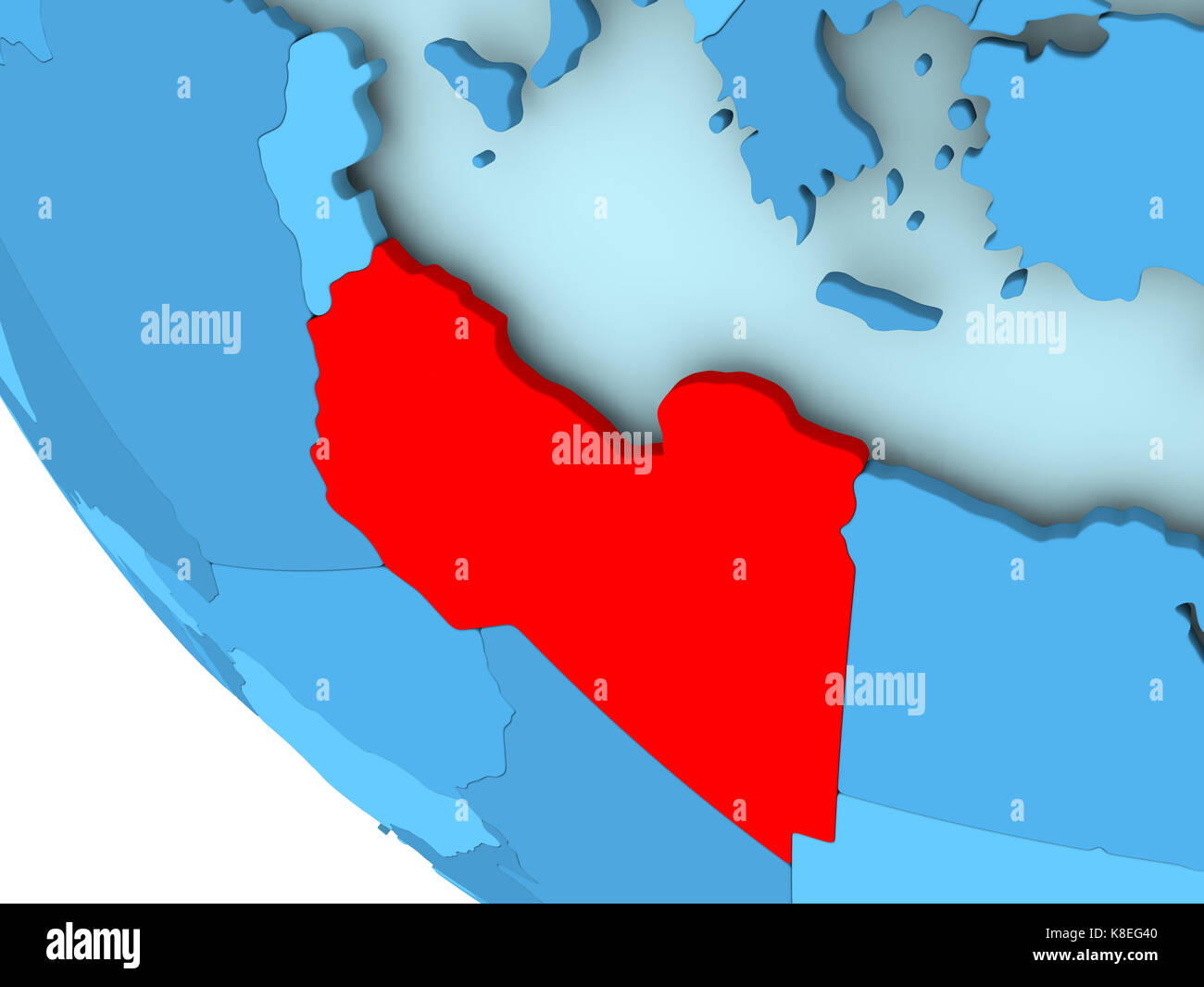 Libya highlighted in red on blue political globe. 3D illustration Stock ...
