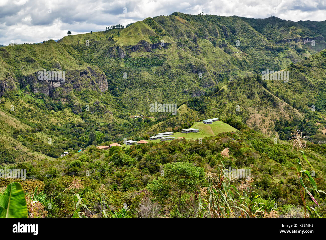landscape of Andes mountains with tombs of Tierradentro on plateau Alto ...