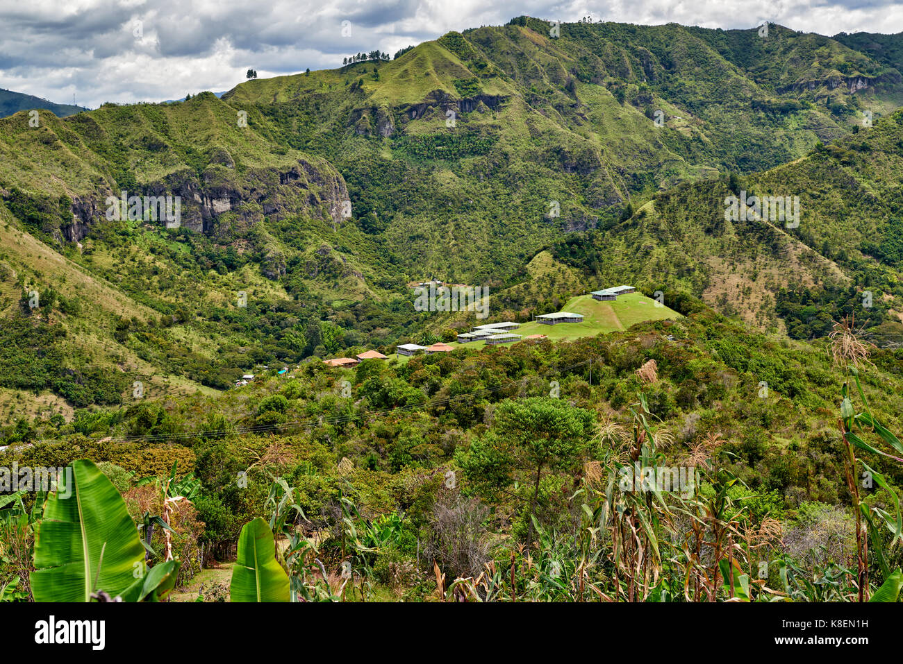 landscape of Andes mountains with tombs of Tierradentro on plateau Alto ...