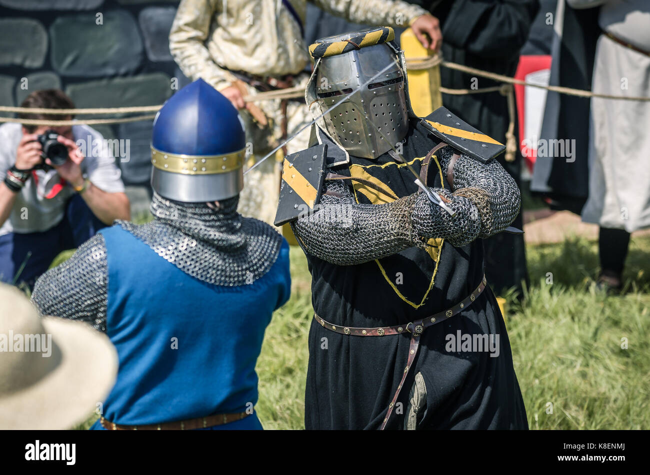 MOSCOW,RUSSIA-June 06,2016: Martial duel of two medieval teutonic ...