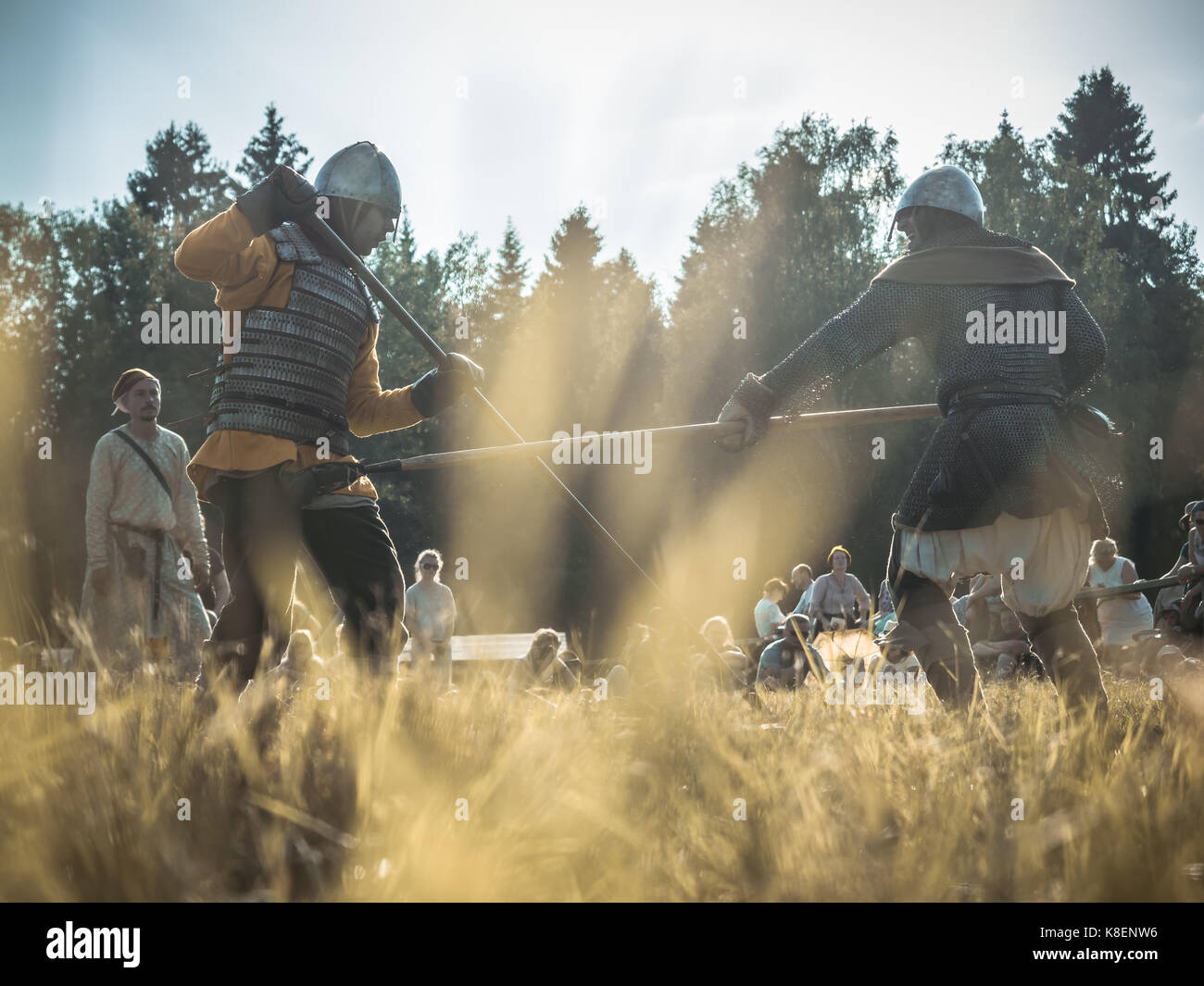 MOSCOW,RUSSIA-June 06,2016: Martial duel of two medieval spearman ...