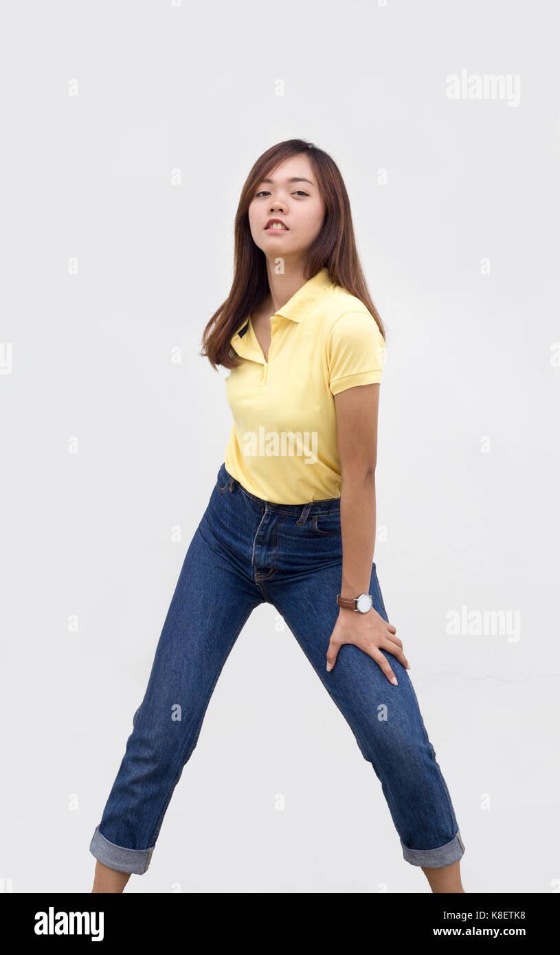 asian lady dance cheer leader action on white background Stock Photo ...