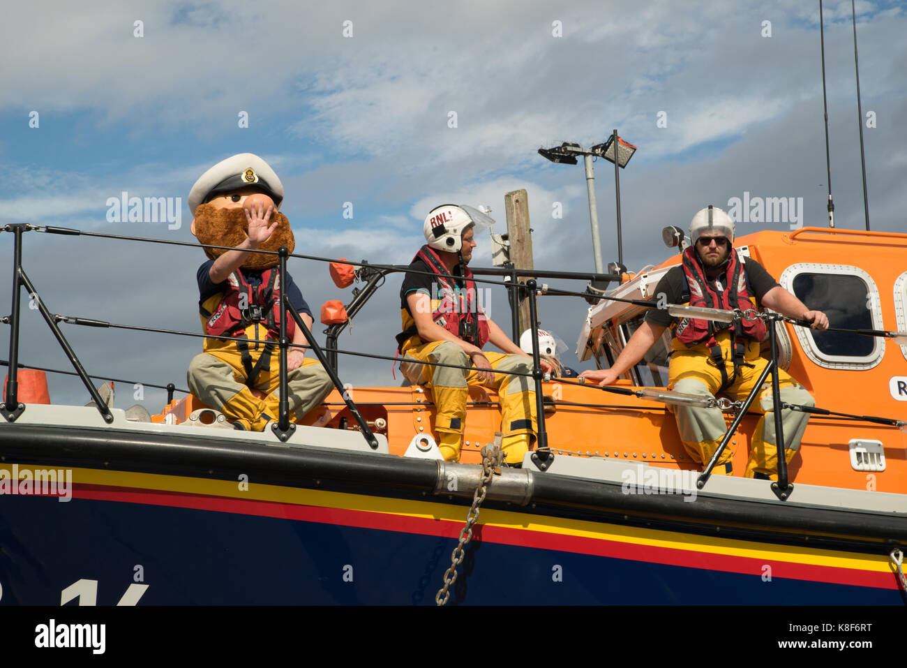 RNLI mascot Stormy Stan on board Grace Darling Lifeboat at Seahouses ...