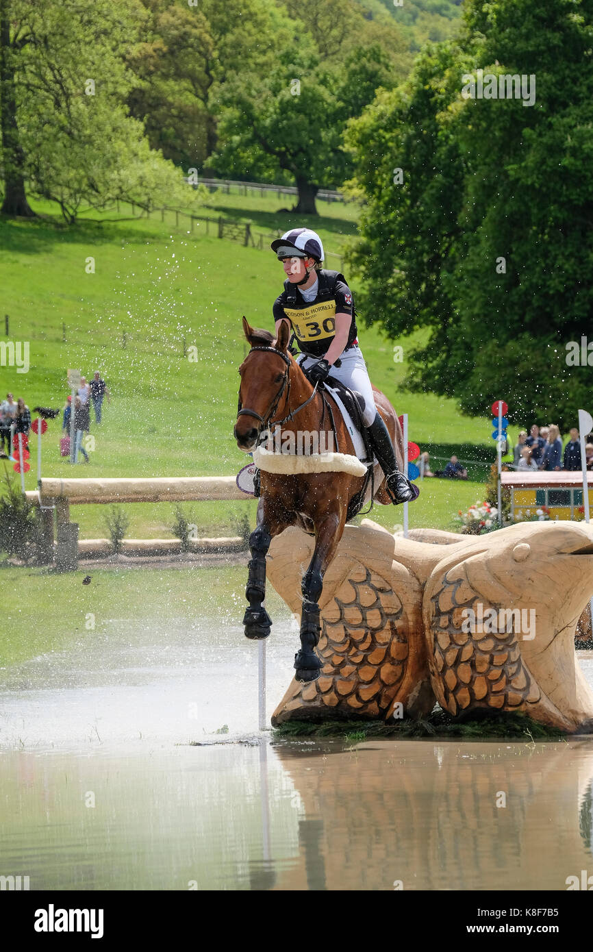 Rider and horse take the water jump at Chatsworth International Horse ...