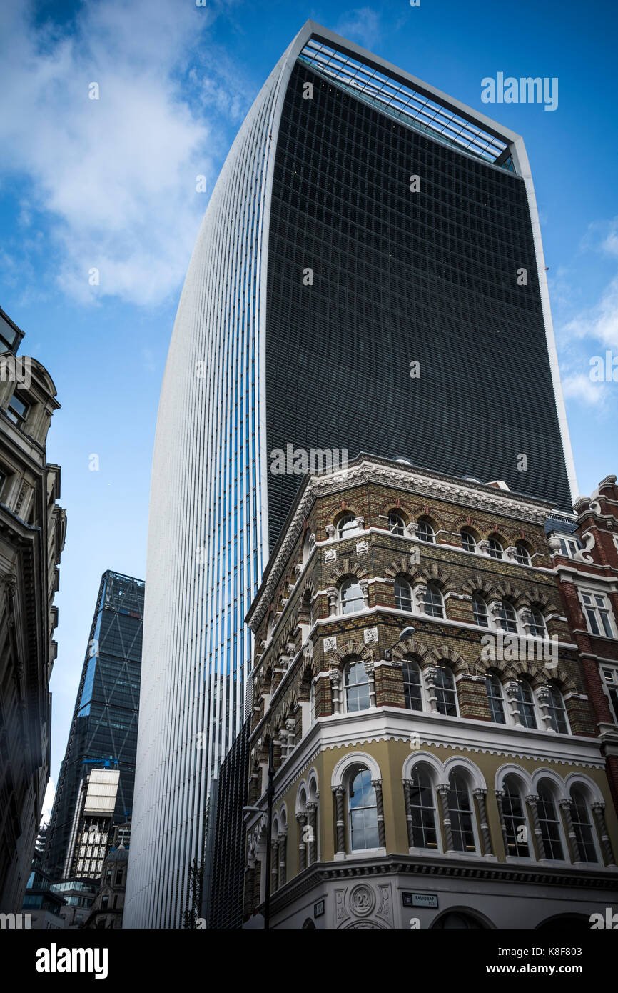City of London buildings under two skyscrapers at Fenchurch Street ...
