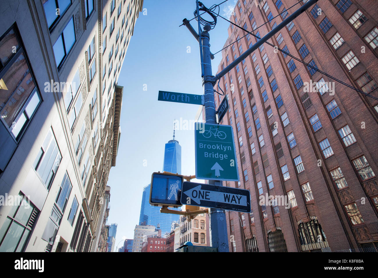 NEW YORK, USA - MARCH 2017 - Brooklyn Bridge cycle sign and Worth sign ...