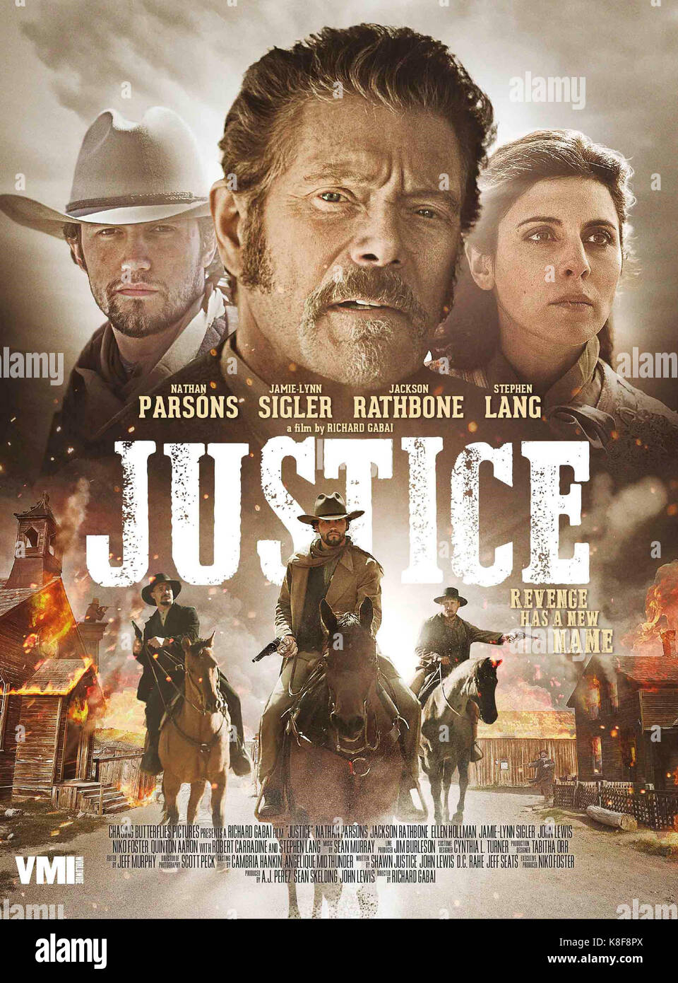 JUSTICE, poster, from left: Nathan Parsons, Stephen Lang, Jamie-Lynn ...