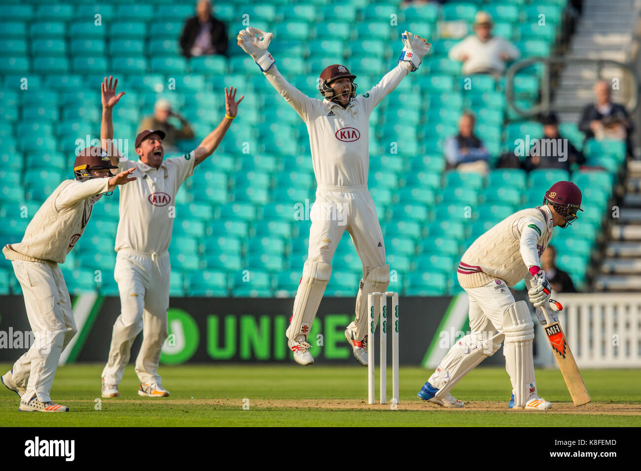 London,UK.19 September 2017. Jack Leach is out LBW batting for Somerset ...