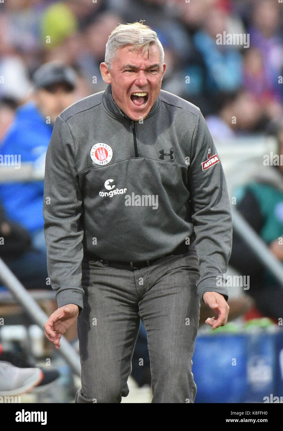 Kiel, Germany. 19th Sep, 2017. St. Pauli's coach Olaf Jansen gives ...