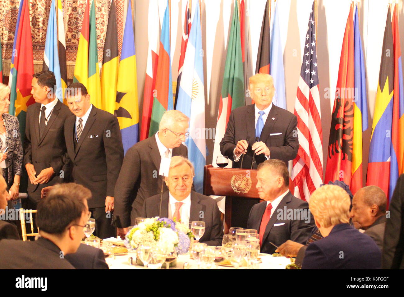 UN, New York, USA. 19th Sep, 2017. Donald Trump toasting UNGA Heads of ...