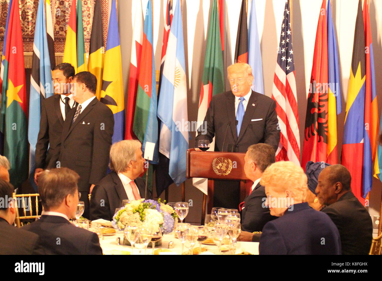 UN, New York, USA. 19th Sep, 2017. Donald Trump toasting UNGA Heads of ...
