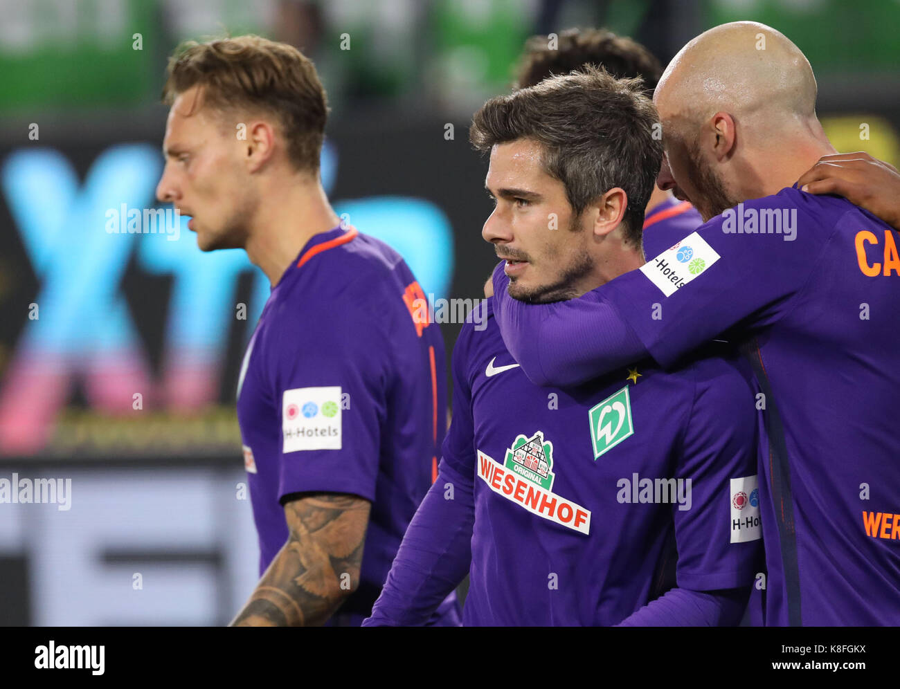 Wolfsburg, Germany. 19th Sep, 2017. Werder's Fin Bartels celebrates his ...