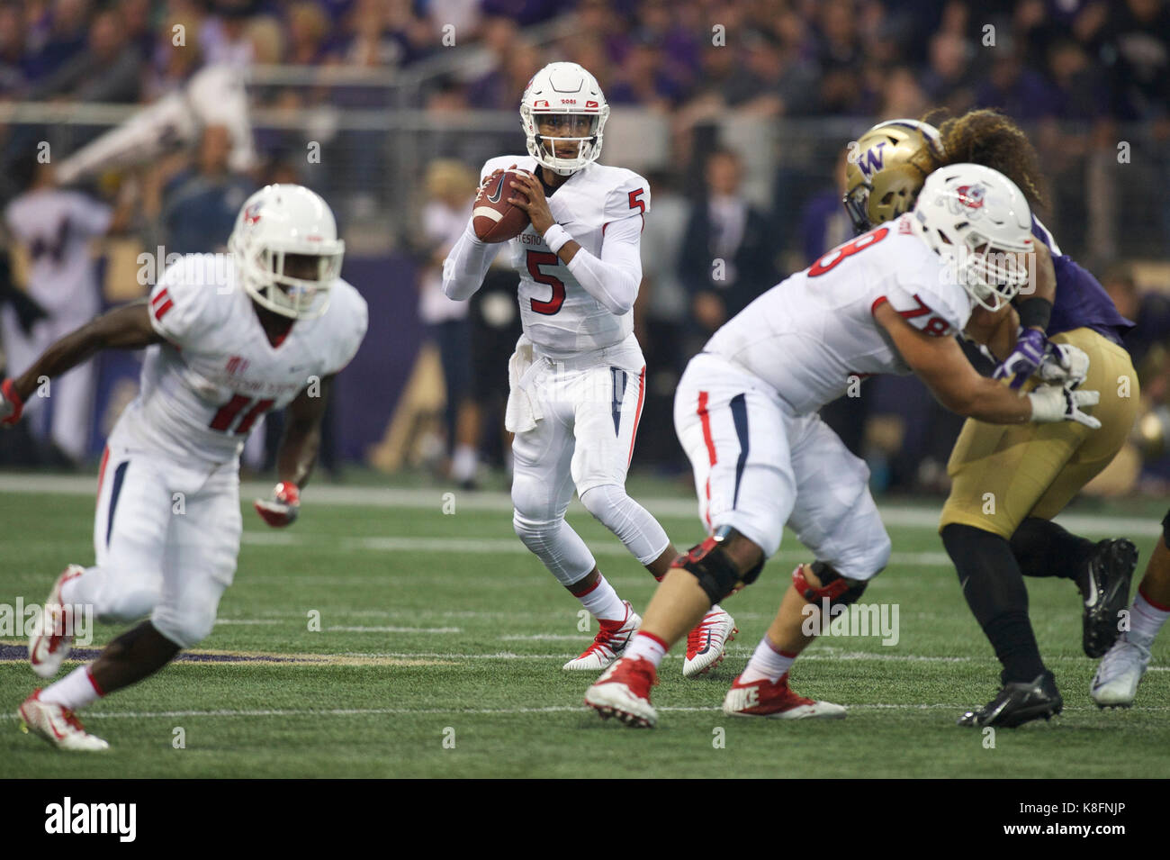 Seattle, WA, USA. 16th Sep, 2017. Fresno quarterback Chason Virgil (5 ...