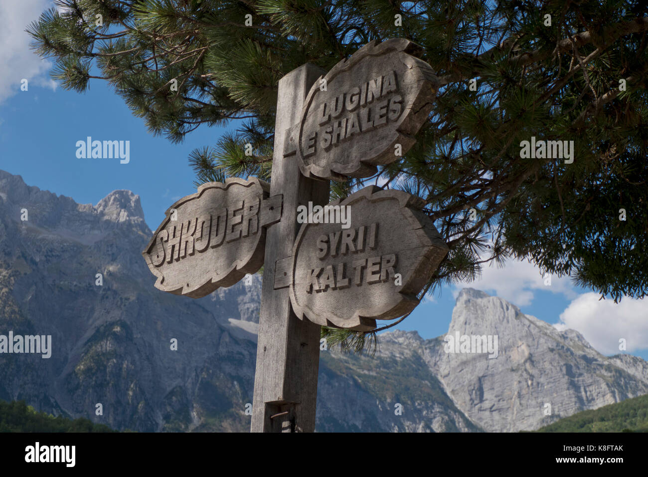 Signs for trails in the Albanian Alps near Thethi, on the western ...