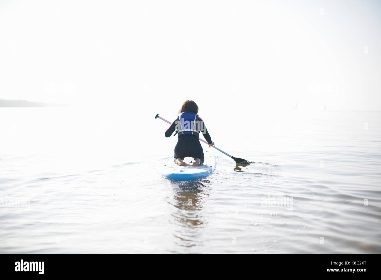 Rear view of female paddleboarder paddling out on misty sea Stock Photo ...