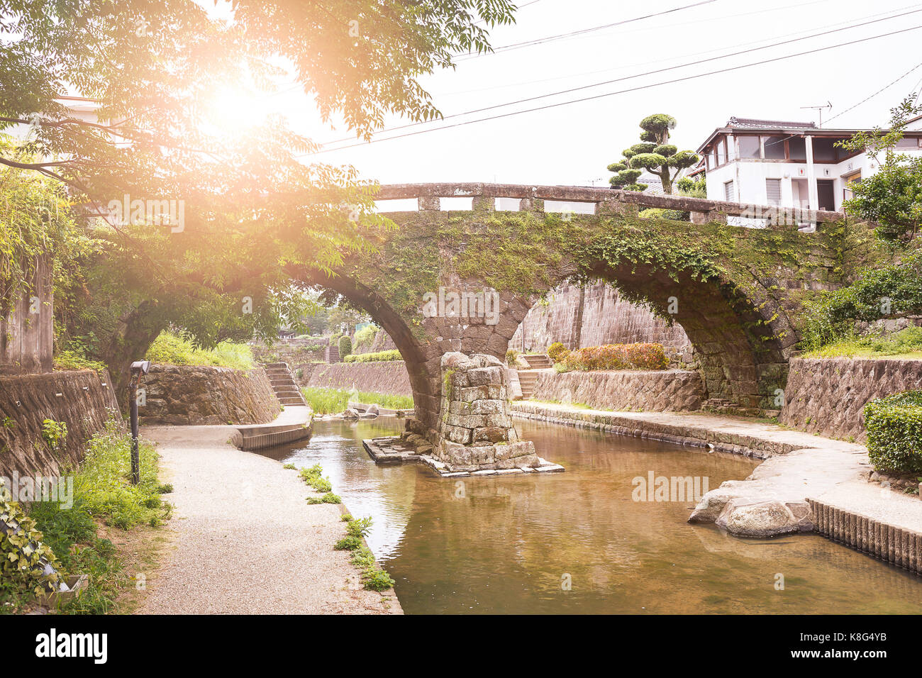 Old bricks bridge across the river with sunlight Stock Photo - Alamy